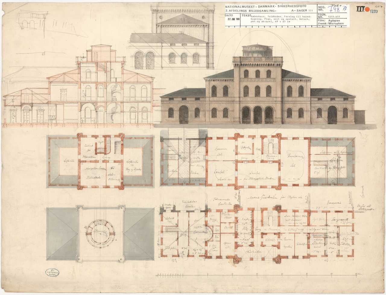 København. Toldboden. Forslag til hovedbygning. Plan, snit og opstalt ...
