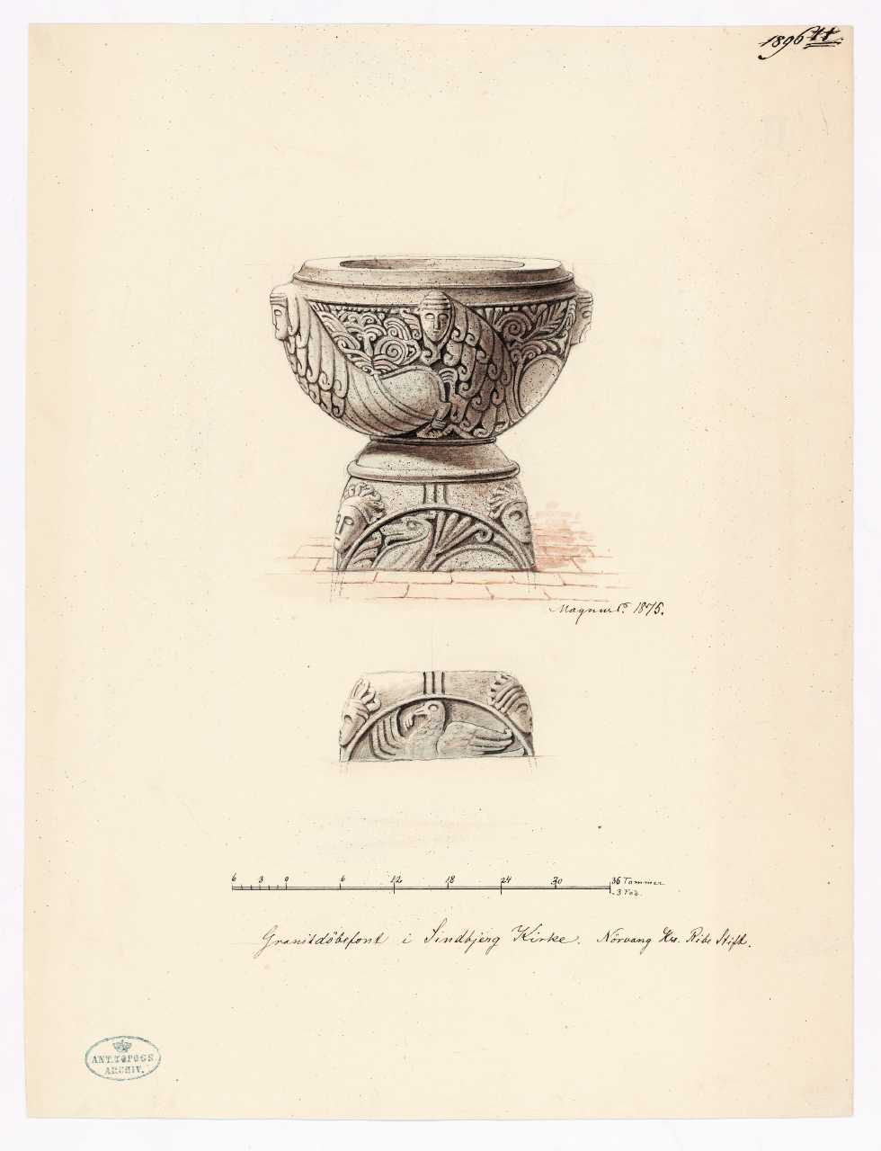 Sindbjerg kirke - Døbefont, tegning af J. Magnus Petersen, 1875 ...