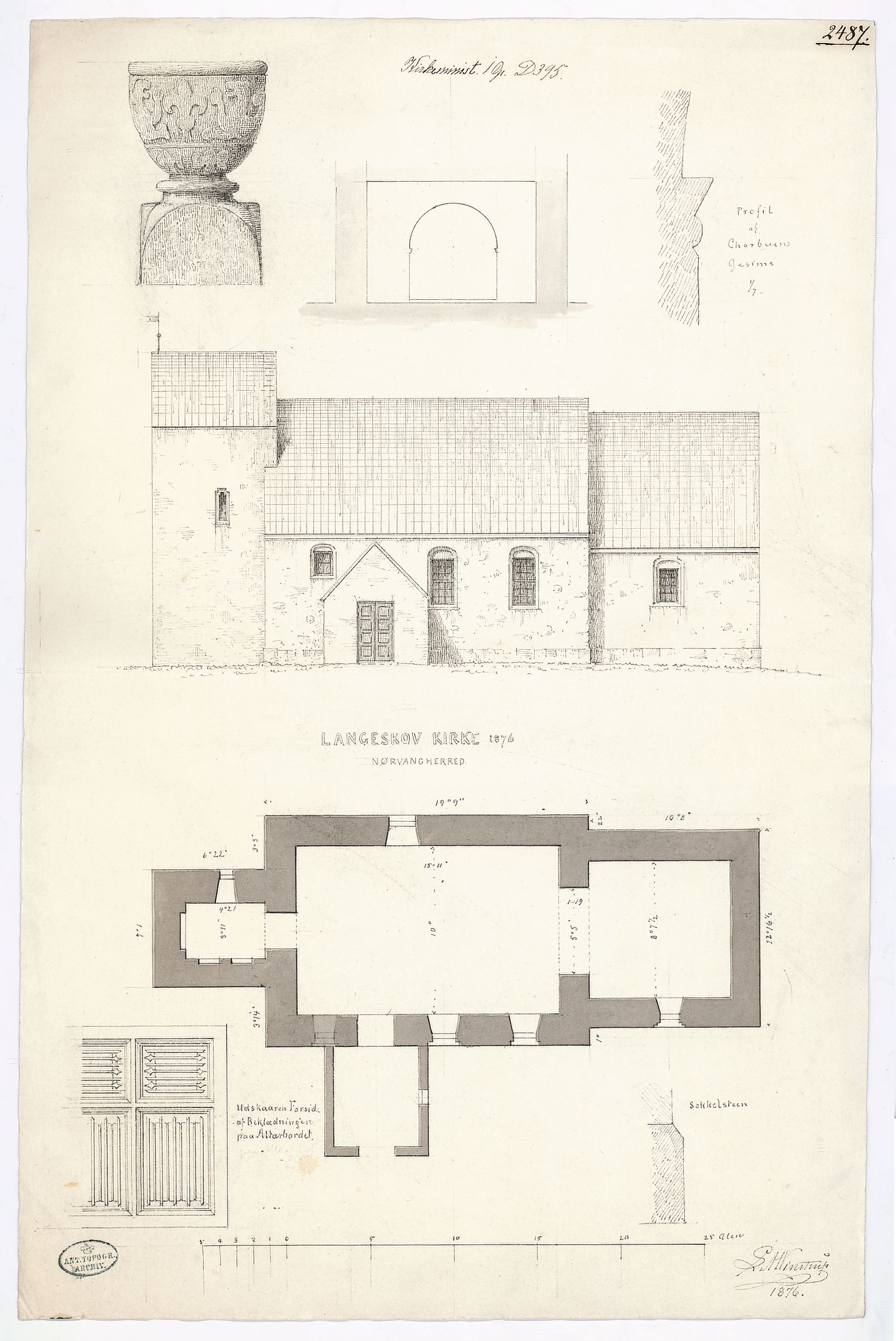 Langskov kirke - Den nedrevne †kirke, plan, opstalt, tværsnit, 1:300 ...