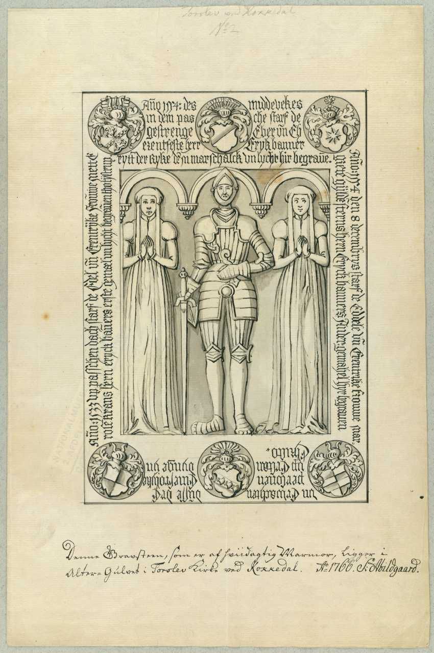 412. Gravsten, o. 1554. Erik Banner, †1554, med sin første hustru Mette ...