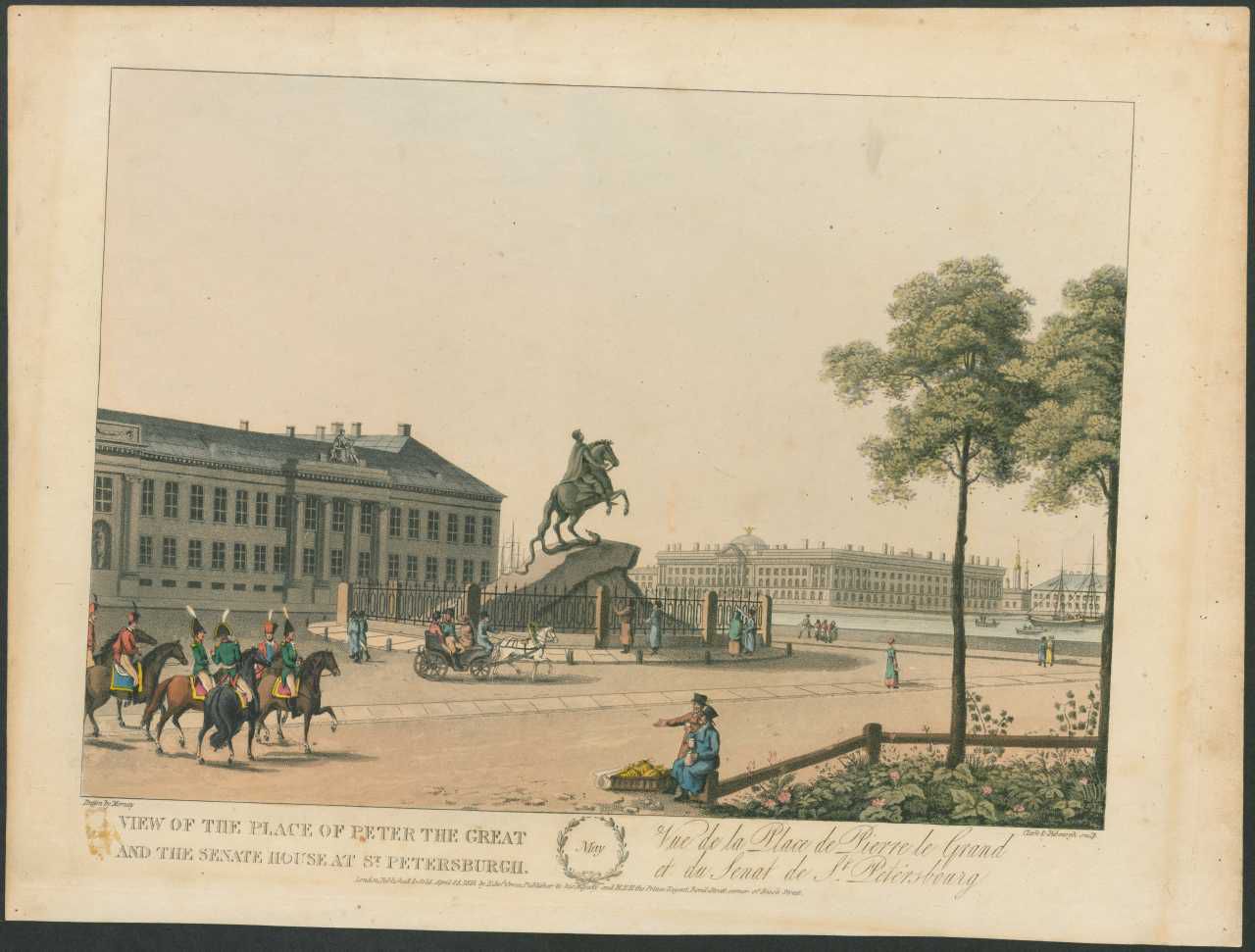 Litografi, Sankt Petersborg, Peter den Stores statue, 1815 ...